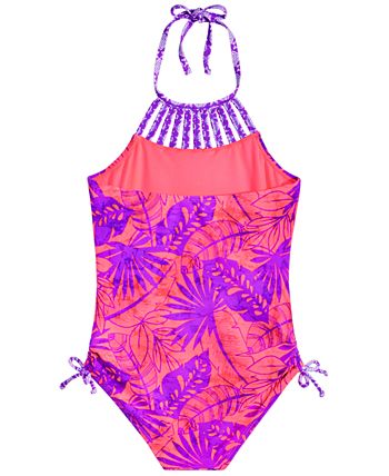 Breaking Waves Big Girls 1-Pc. Printed Strappy-Neck Swimsuit & Reviews ...