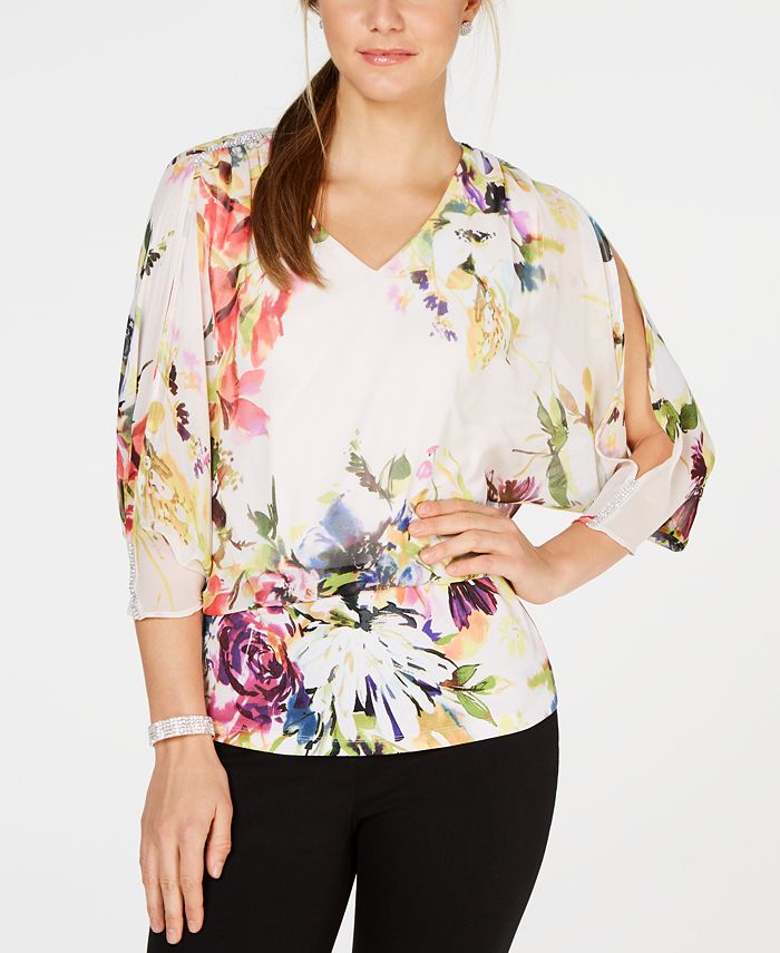 MSK Floral Split-Sleeve Blouson Top - Macy's