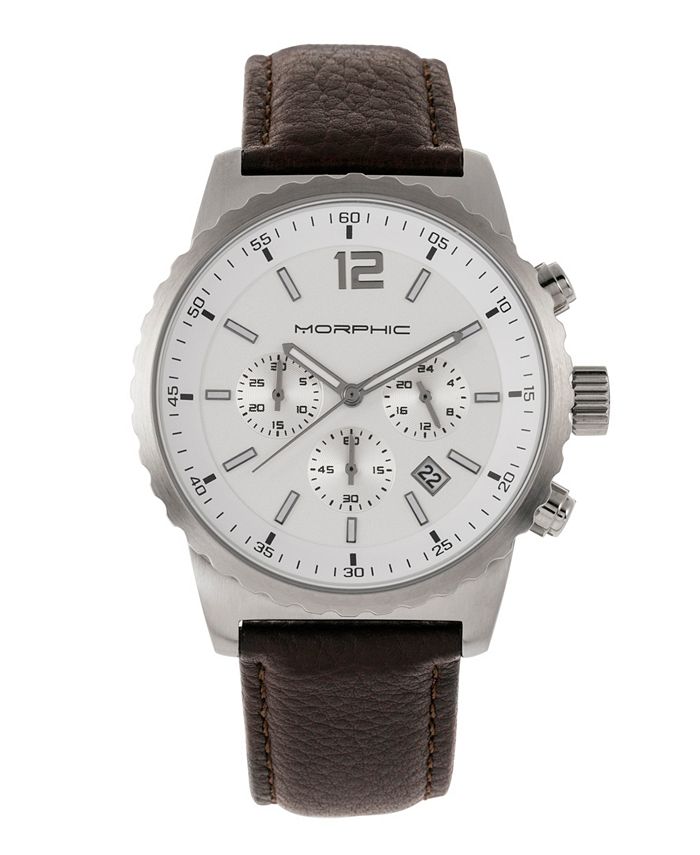 Morphic M67 Series, Silver Case, Chronograph Brown Leather Band Watch w ...