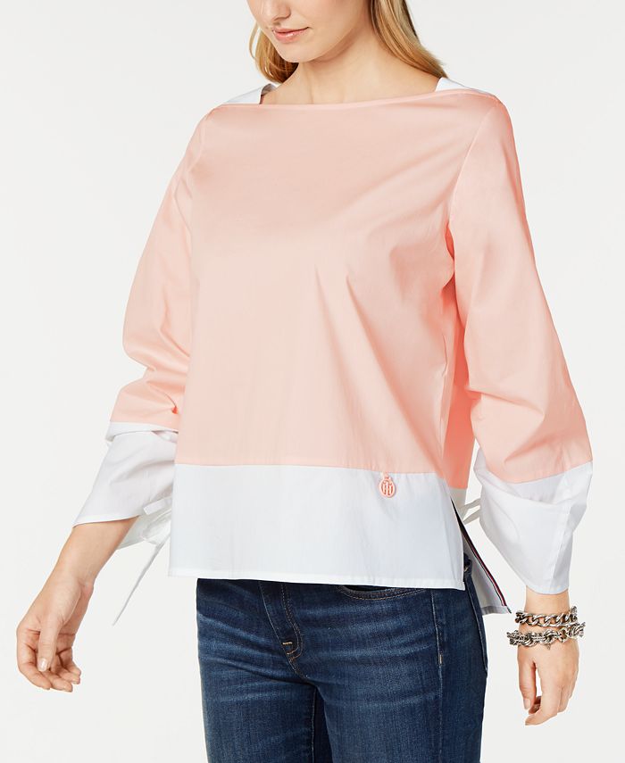 Tommy Hilfiger Colorblocked Drawstring-Sleeve Top, Created for Macy's ...