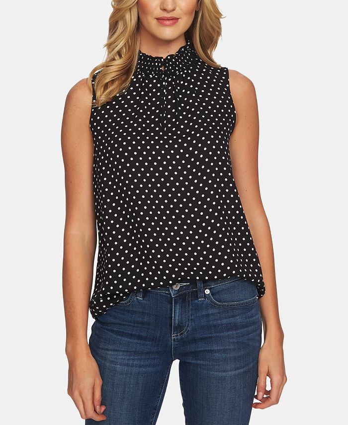 CeCe Dot-Print Shirred-Neck Top - Macy's