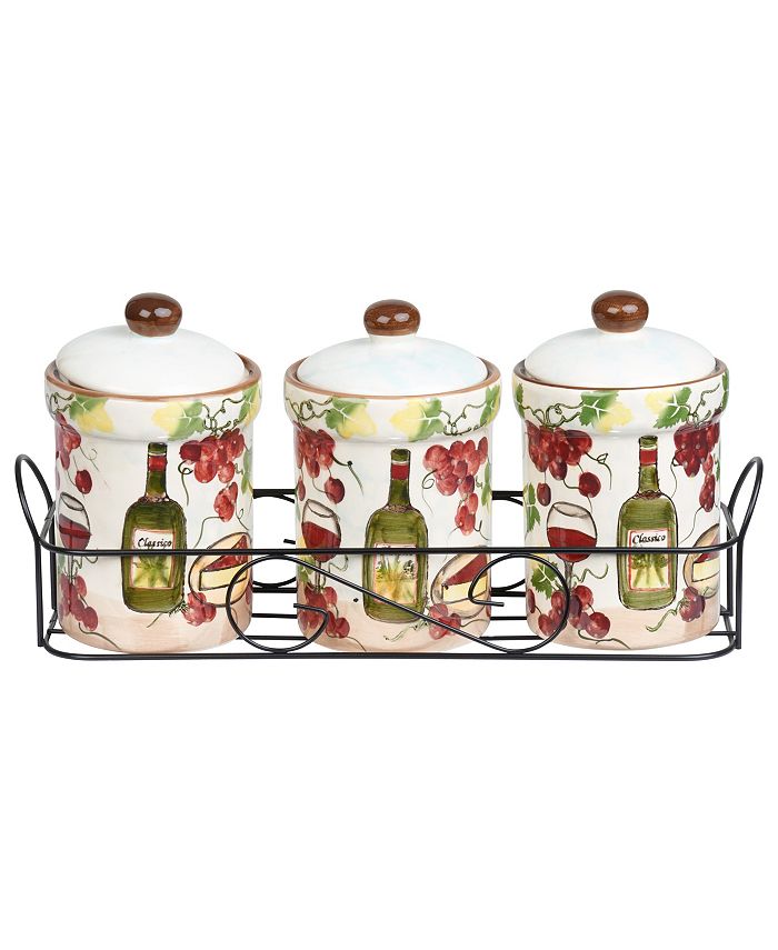 Lorren Home Trends Purple Grape Ceramic 3 Piece Jar Set in Stand - Macy's