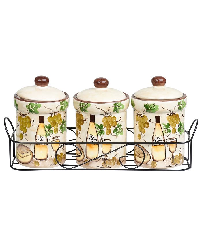 Lorren Home Trends White Grape Ceramic 3 Piece Jar Set in Stand - Macy's