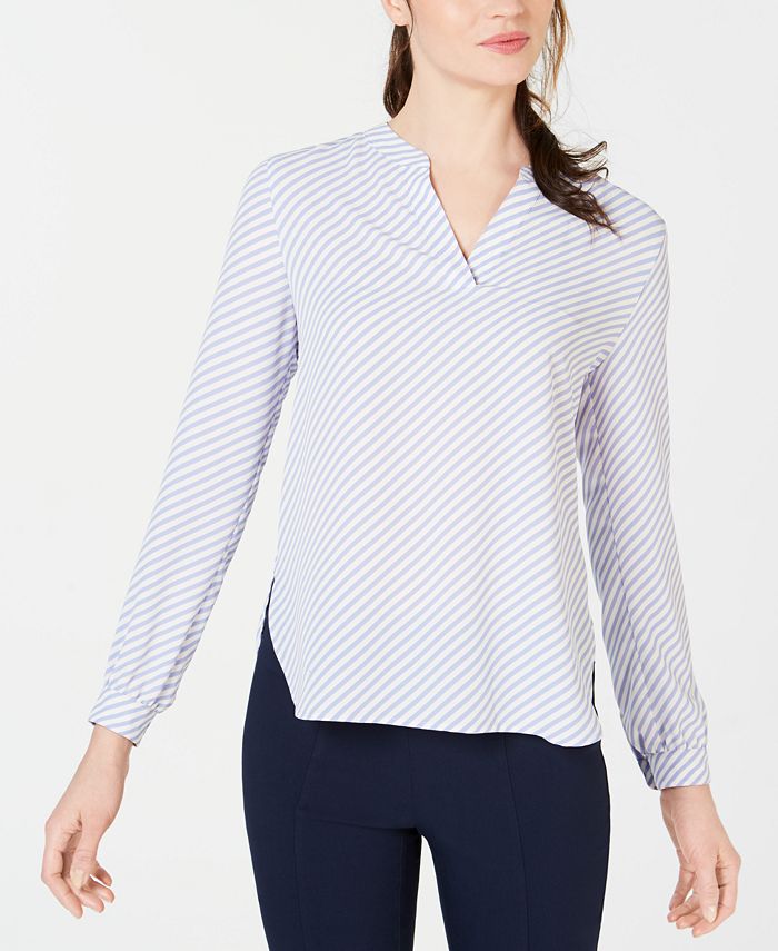 Anne Klein Piazza-Stripe Split-Neck Shirt - Macy's