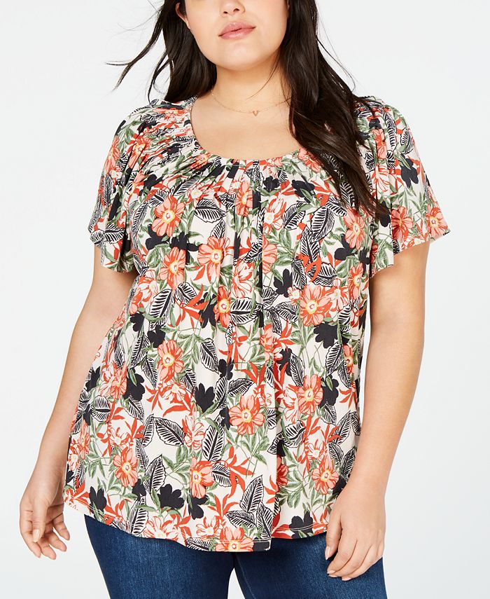 Style And Co Plus Size Printed Pleat Neck Top Created For Macys Macys