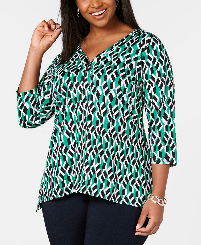 NY Collection Plus Size Printed Zip-Front Top - Macy's