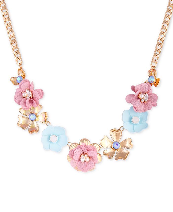 GUESS Gold-Tone Crystal & Floral Statement Necklace, 18" + 2" extender ...