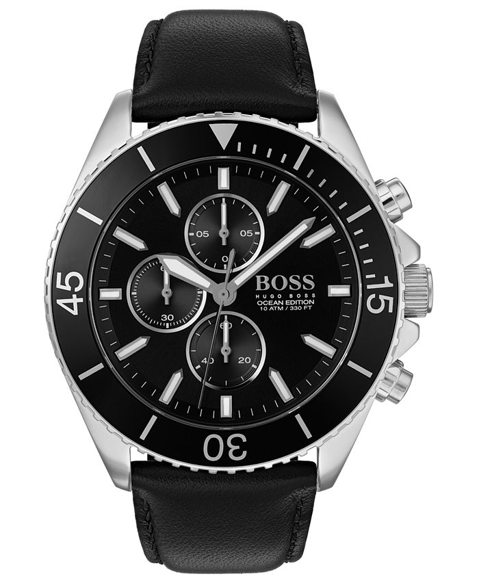 BOSS Men's Chronograph Ocean Edition Black Leather Strap Watch 46mm ...