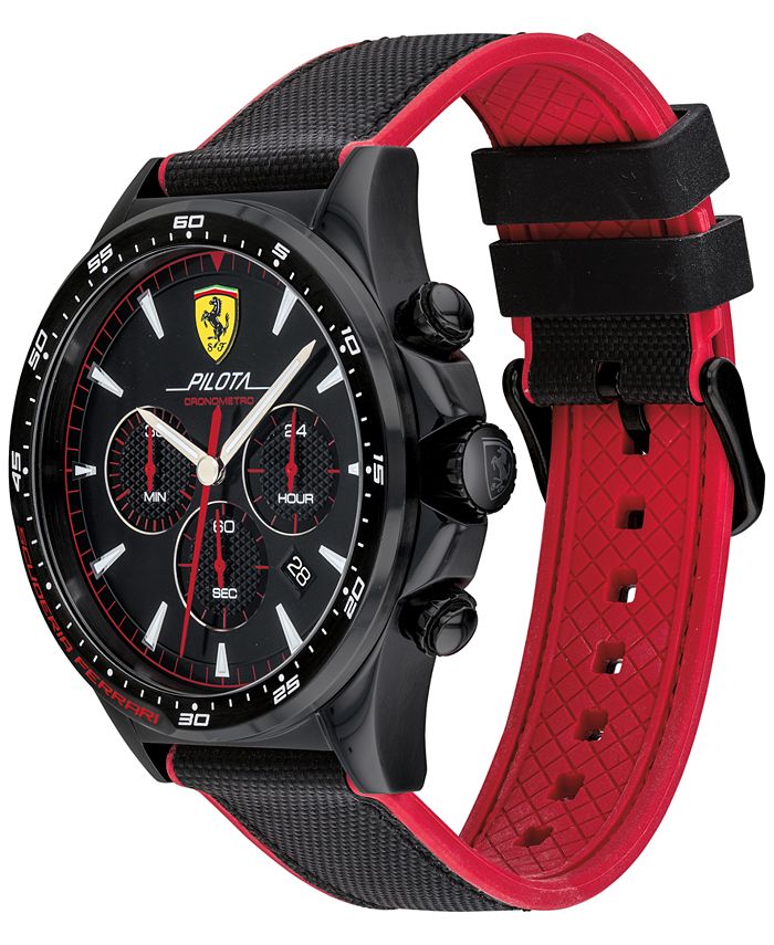 Ferrari Men's Chronograph Pilota Black Nylon & Red Silicone Strap Watch ...