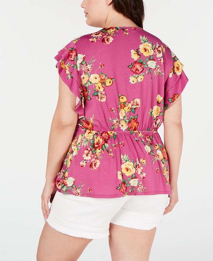 Monteau Trendy Plus Size Floral-Print Faux-Wrap Top - Macy's