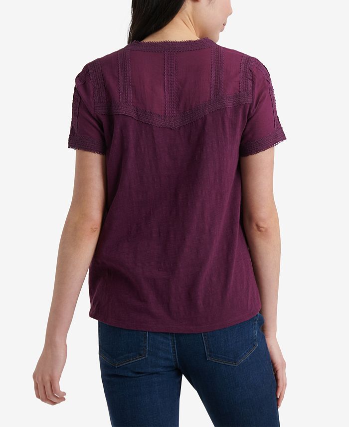 Lucky Brand Cotton Lace-Trim Henley Top - Macy's