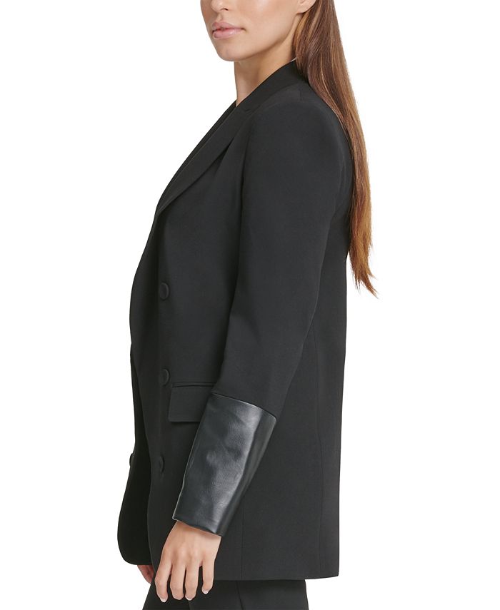 DKNY Double-Breasted Jacket With Faux-Leather Sleeves - Macy's