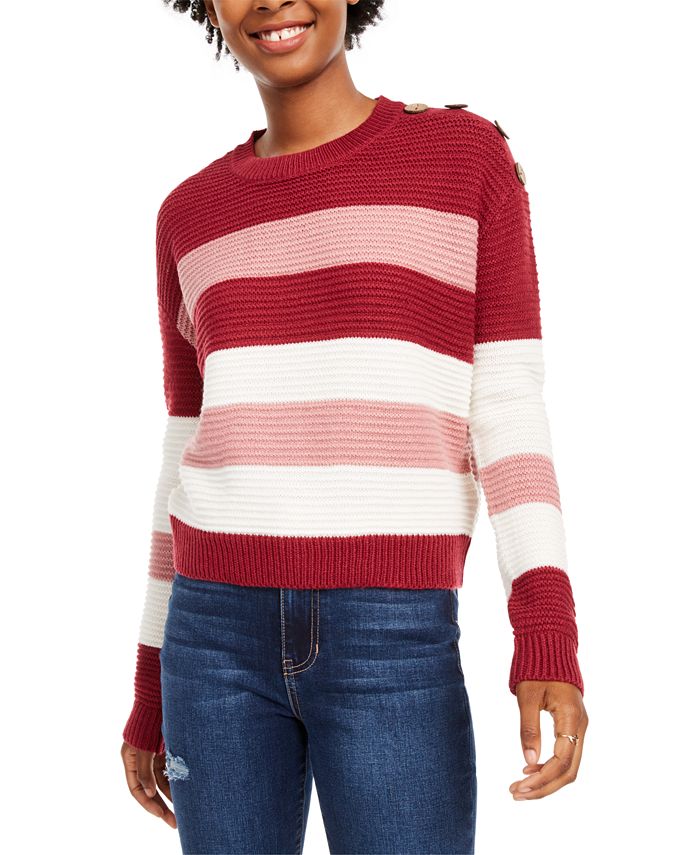 Planet Gold Juniors' Striped Button-Shoulder Sweater - Macy's
