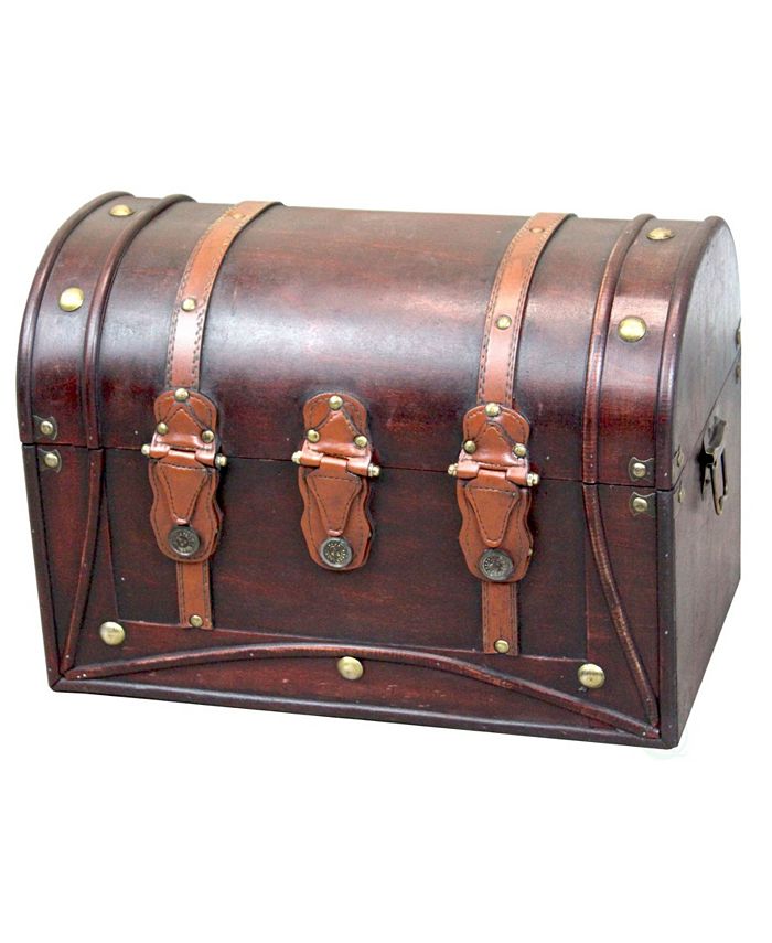 Vintiquewise Decorative Antique Style Wood and Leather Round Top Trunk ...