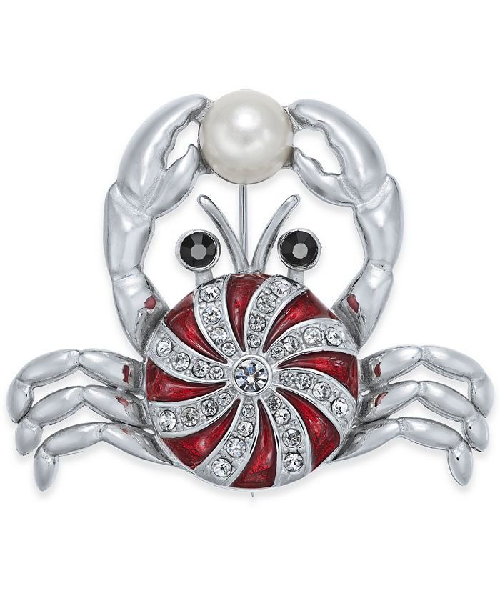 Charter Club Silver-Tone Crystal & Imitation Pearl Peppermint Crab Pin ...