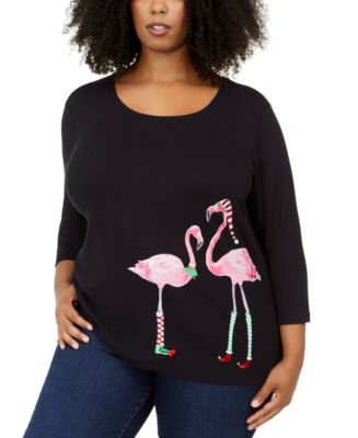 Karen Scott Plus Size Flamingo Elves Top, Created for Macy's & Reviews ...