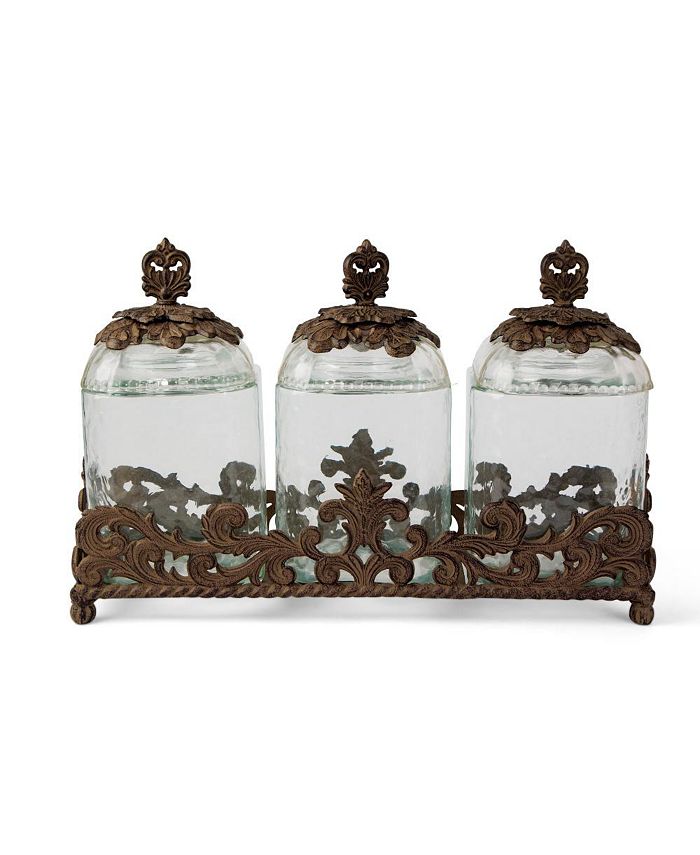 The GG Collection 3-Piece Glass Canister Set With Acanthus Leaf Metal ...