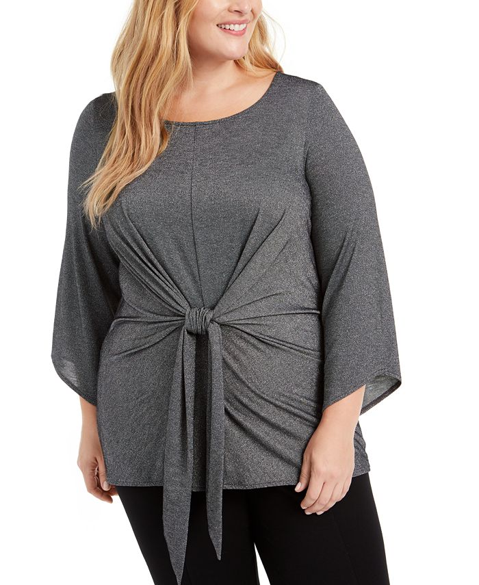 Alfani Plus Size Metallic Tie-Front Top, Created for Macy's - Macy's