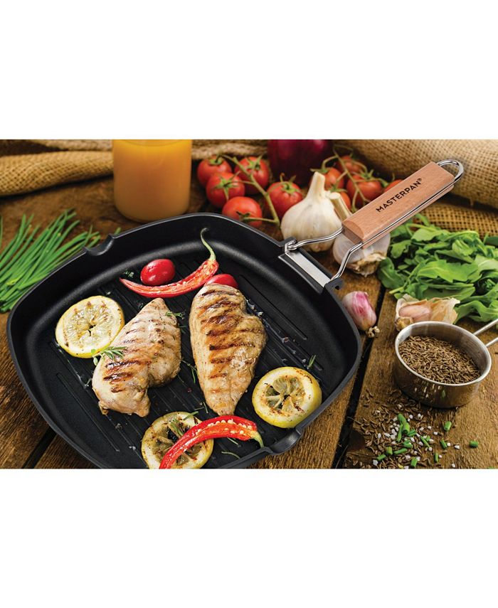 MasterPan Non-Stick Cast Aluminum Grill Pan with Folding Wooden Handle, 11" - Macy's