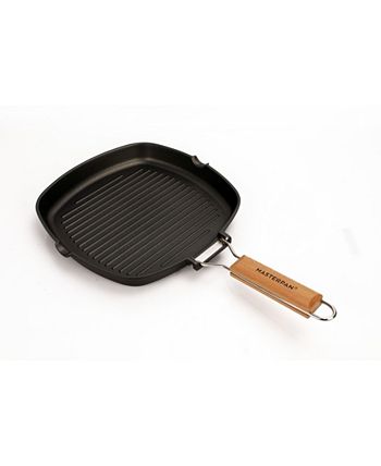 MasterPan Non-Stick Cast Aluminum Grill Pan with Folding Wooden Handle, 11" - Macy's