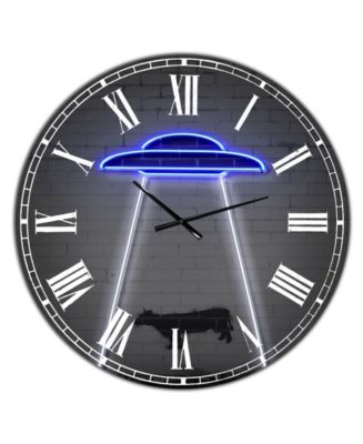 Designart Neon Ufo Abducting Cow Oversized Modern Wall Clock - 36 x 36 ...