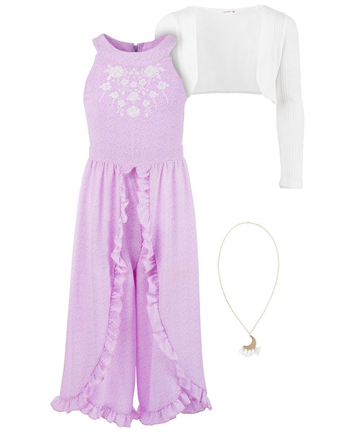 Beautees Big Girls 3-Pc. Shrug, Ruffled Jumpsuit & Necklace Set - Macy's