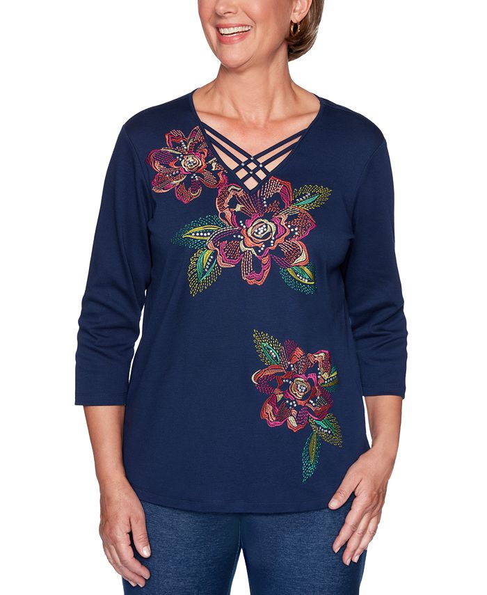 Alfred Dunner Petite Road Trip Floral Embroidered Embellished Top - Macy's