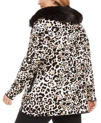 Belldini Plus Size Animal-Print Jacquard Cardigan With Faux-Fur Collar ...