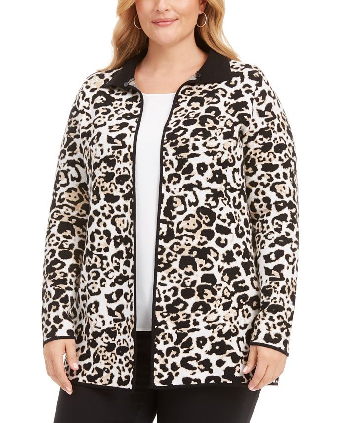 Belldini Plus Size Animal-Print Jacquard Cardigan With Faux-Fur Collar ...