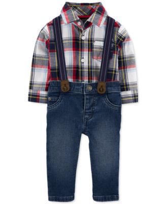 Carter's Baby Boys 3-Pc. Plaid Bodysuit, Jeans & Suspenders Set - Macy's