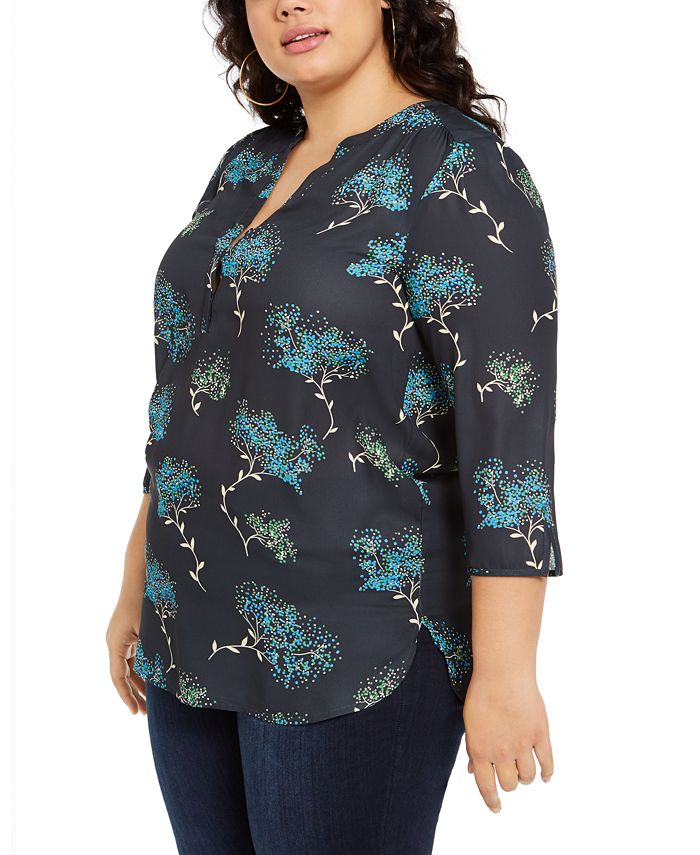 NY Collection Plus Size Floral-Print Henley Top - Macy's
