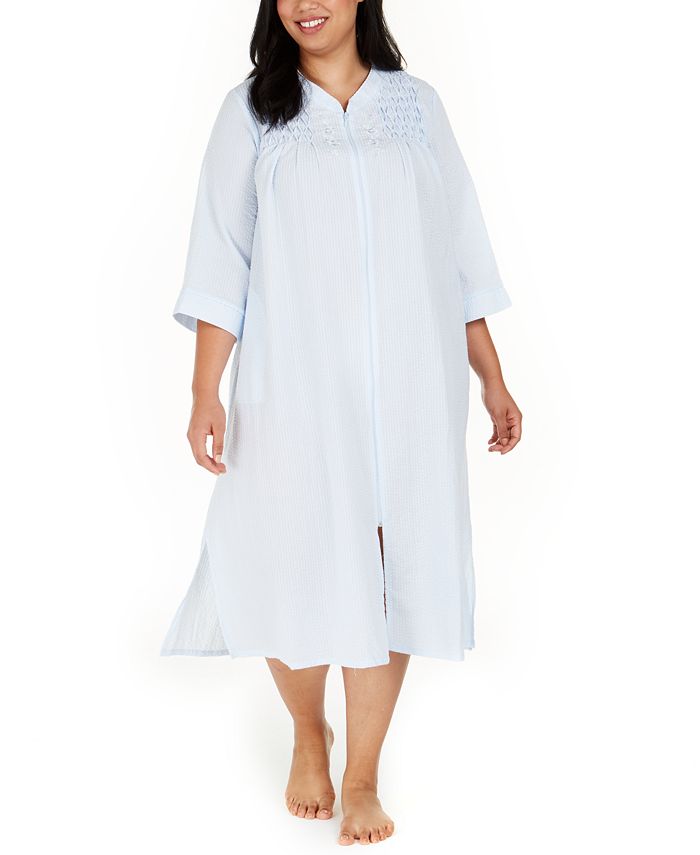 Miss Elaine Plus Size Embroidered Seersucker Long Zipper Robe - Macy's