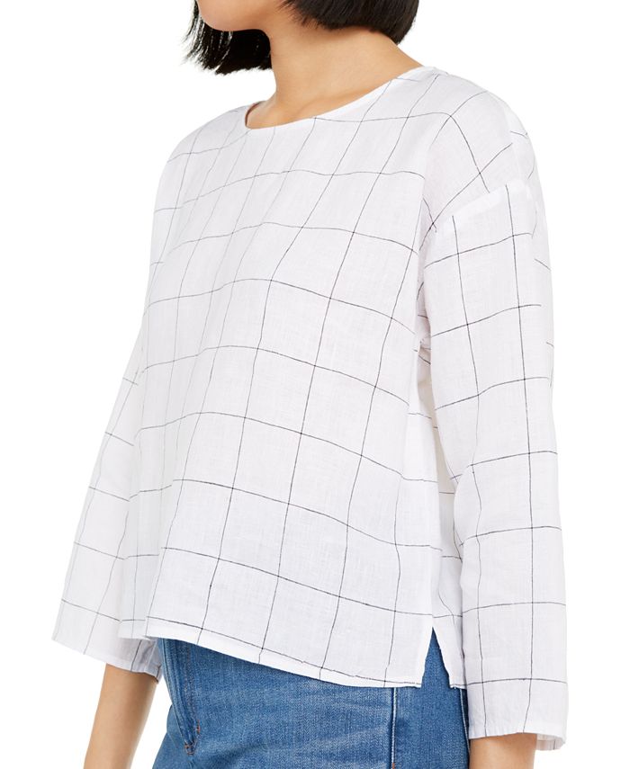 Eileen Fisher Organic Linen Windowpane-Print Woven Top - Macy's