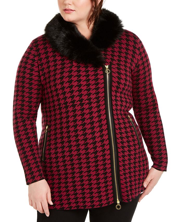 Belldini Black Label Women's Plus Size Houndstooth Faux Fur Collar ...