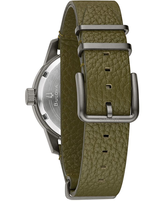 Bulova Men's Automatic Military Green Leather Strap Watch 38mm - Macy's