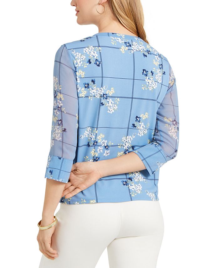 Charter Club Petite Printed Sheer-Sleeve Top, Created for Macy's - Macy's