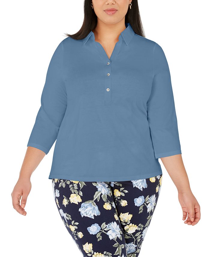 Charter Club Plus Size Cotton Polo Top, Created for Macy's - Macy's