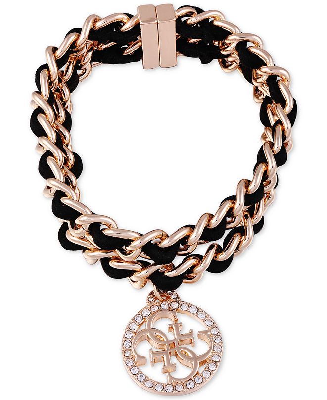 GUESS Gold-Tone Black Woven Crystal Charm Chain Bracelet & Reviews ...