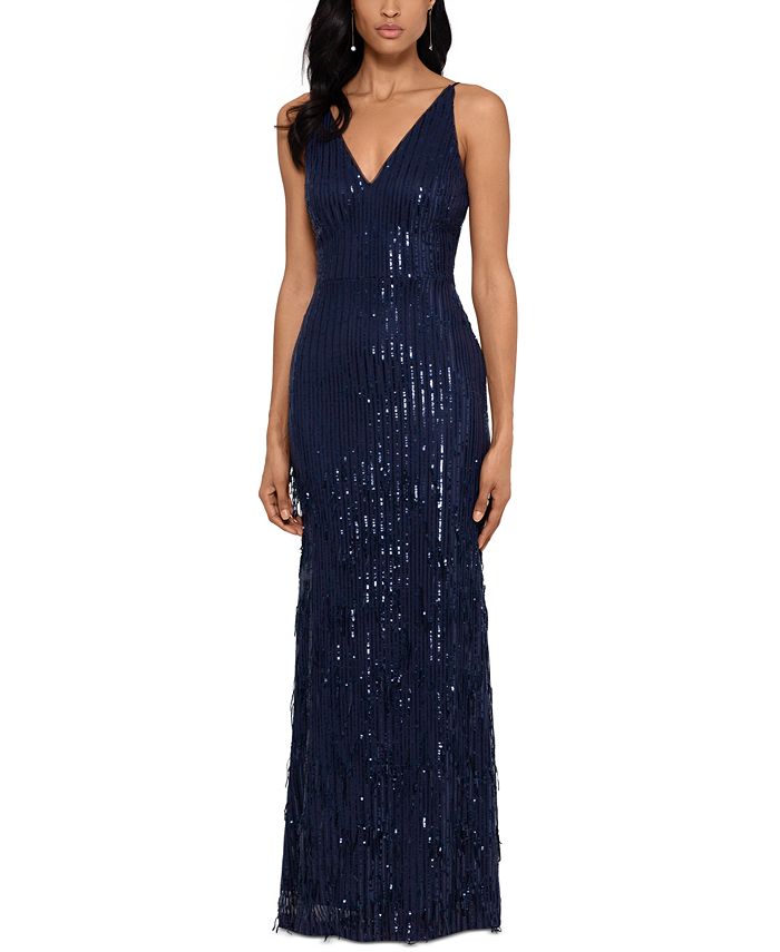 XSCAPE Sequin-Fringe Gown - Macy's