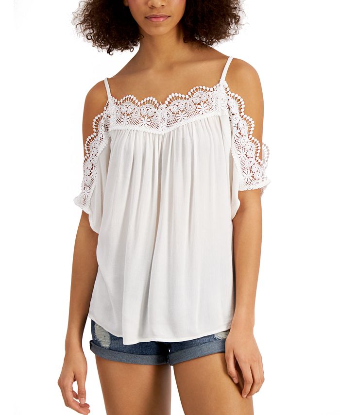 Kingston Grey Juniors' Lace-Trim Cold-Shoulder Top - Macy's