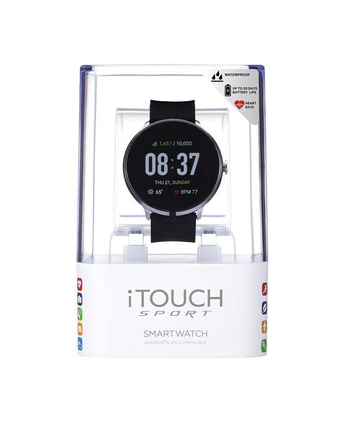 iTouch Unisex Sport Silver-Tone Case with Black Strap Smart Watch 43mm ...