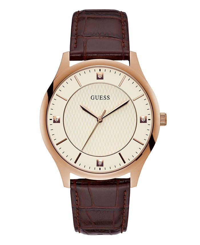 GUESS Genuine Diamond Rose Gold-Tone Leather Watch 44mm - Macy's