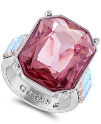 GUESS Silver-Tone Square Stone Ring - Macy's