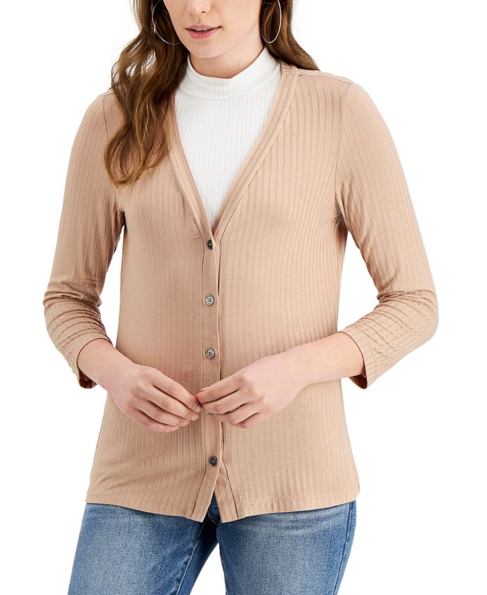 Fever Ribbed Button-Down 3/4-Sleeve Knit Top - Macy's