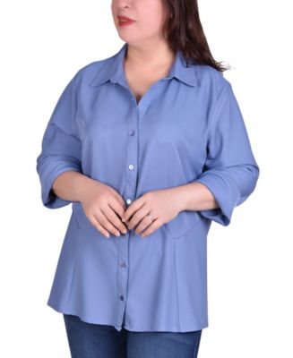 NY Collection Women's Plus Size Button Front Blouse with Wide Cuff - Macy's