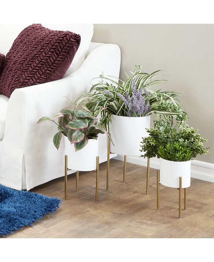 Rosemary Lane Contemporary Style Large Round Metal Planters in Stands ...