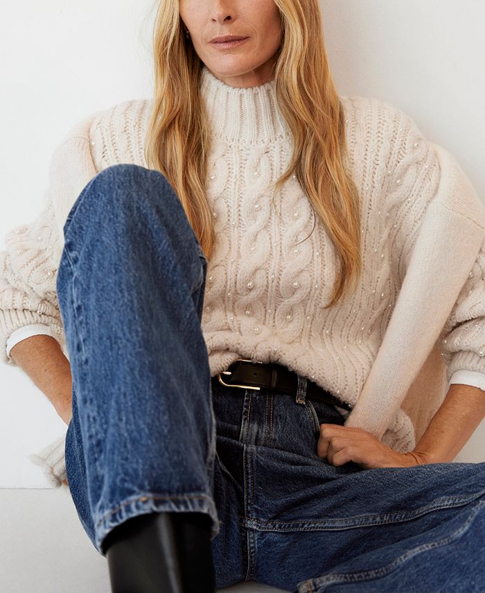 MANGO Women's Imitation Pearl Embroidery Applique Sweater - Macy's