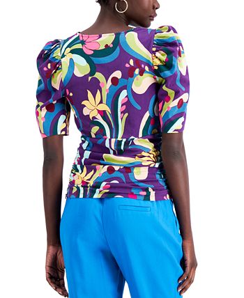 INC International Concepts Cotton Printed Puff-Sleeve Top, Created for ...