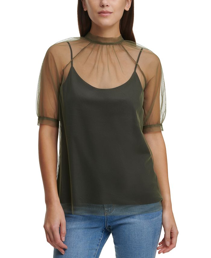 DKNY Tulle-Overlay Top - Macy's