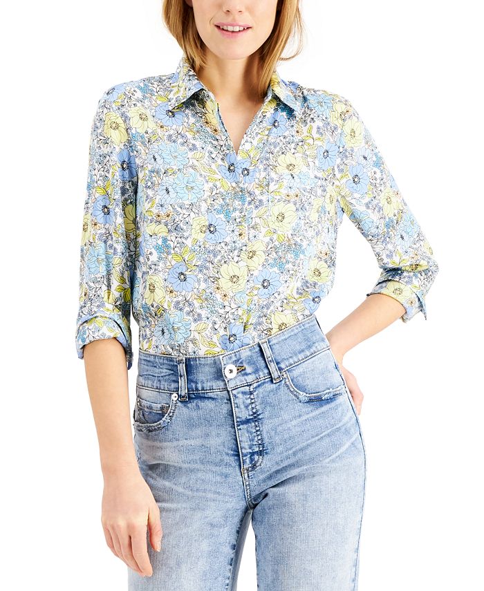 INC International Concepts Plus Size Floral Button-Up Blouse, Created ...
